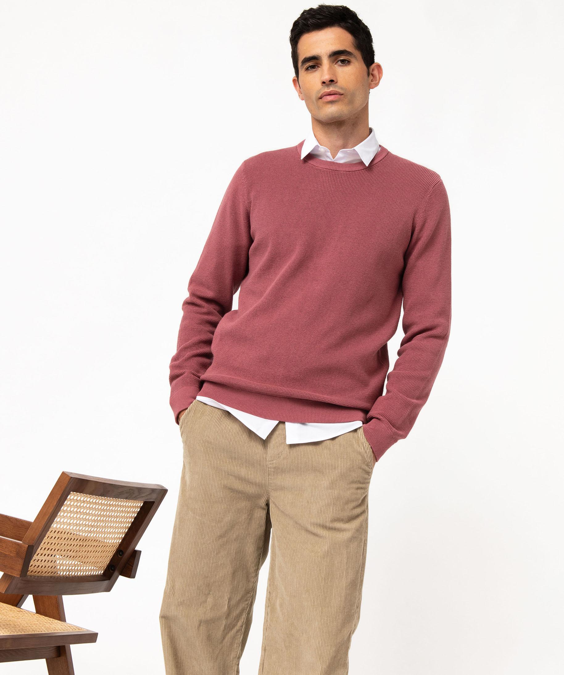 Pull col rond en coton uni homme rouge | GEMO