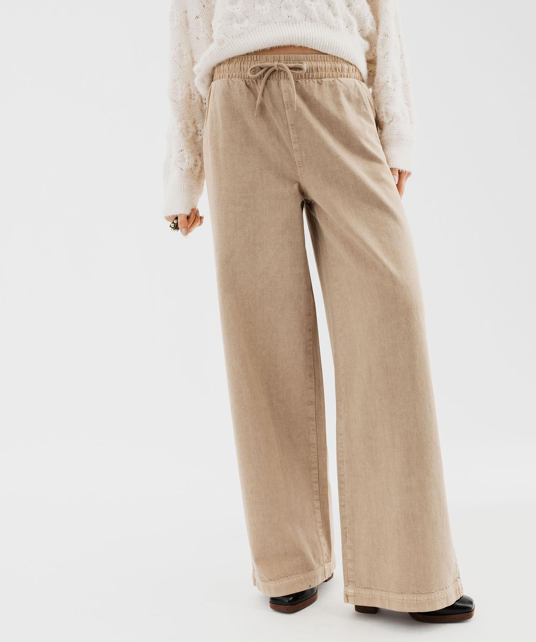 Jean large en denim délavé à taille élastiquée femme beige | GEMO