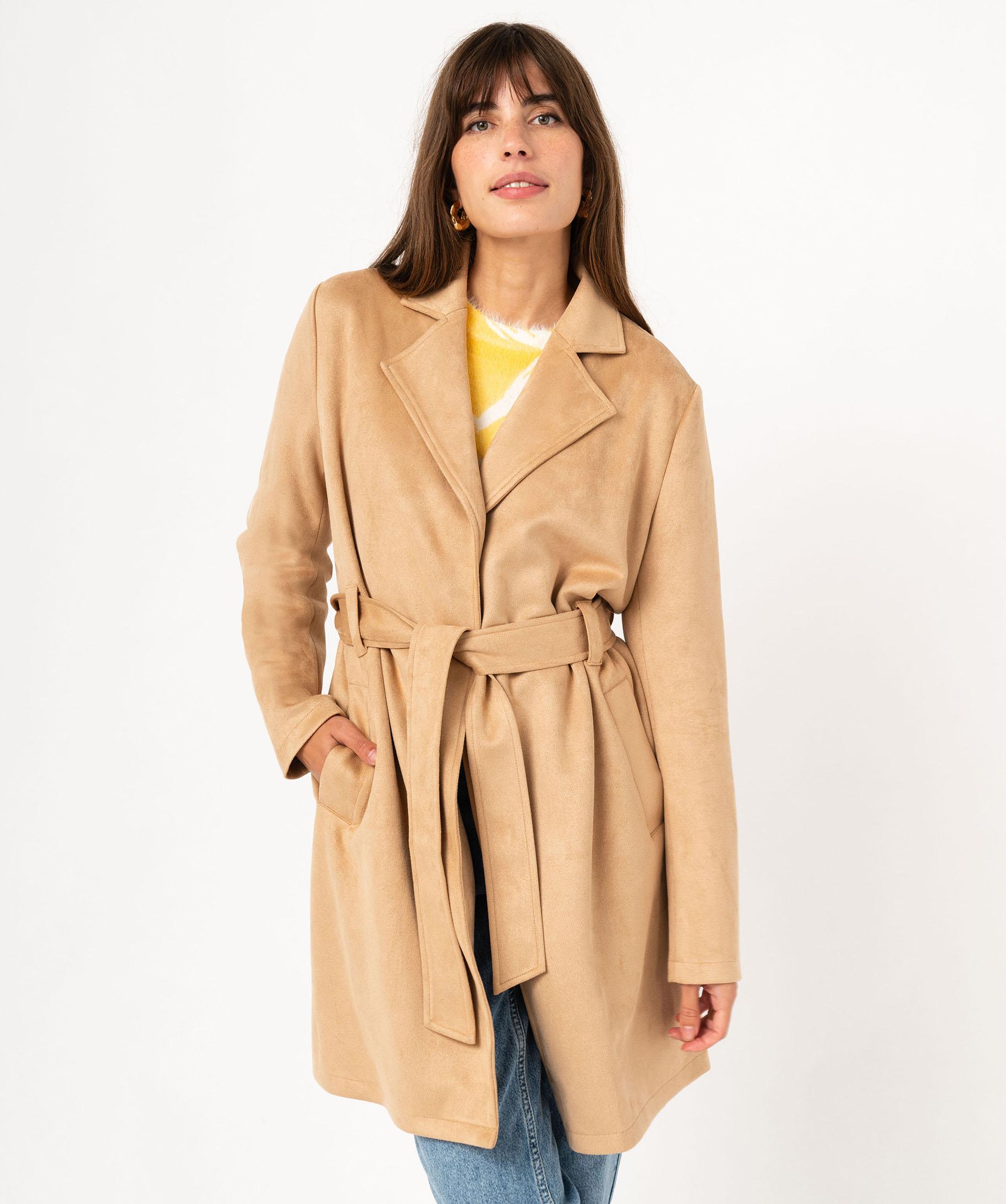 Manteau trench en suédine avec ceinture femme beige | GEMO
