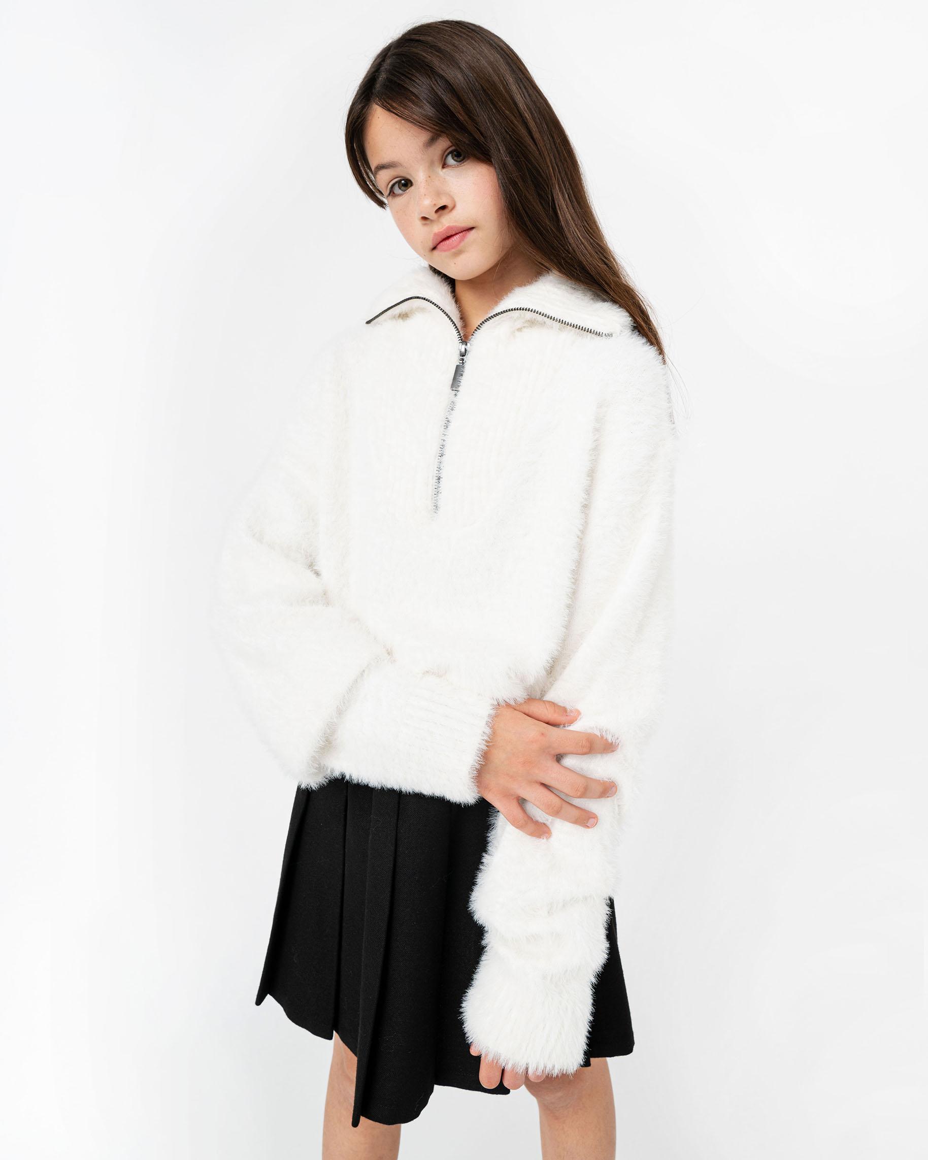 Pull court col zippé en maille duveteuse fille ecru | GEMO