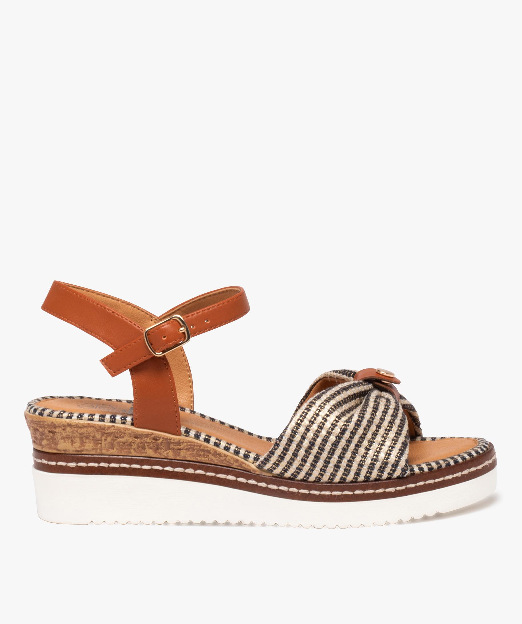 Sandales femme à talon compensé avec bandeau rayé et drapé marine | GEMO