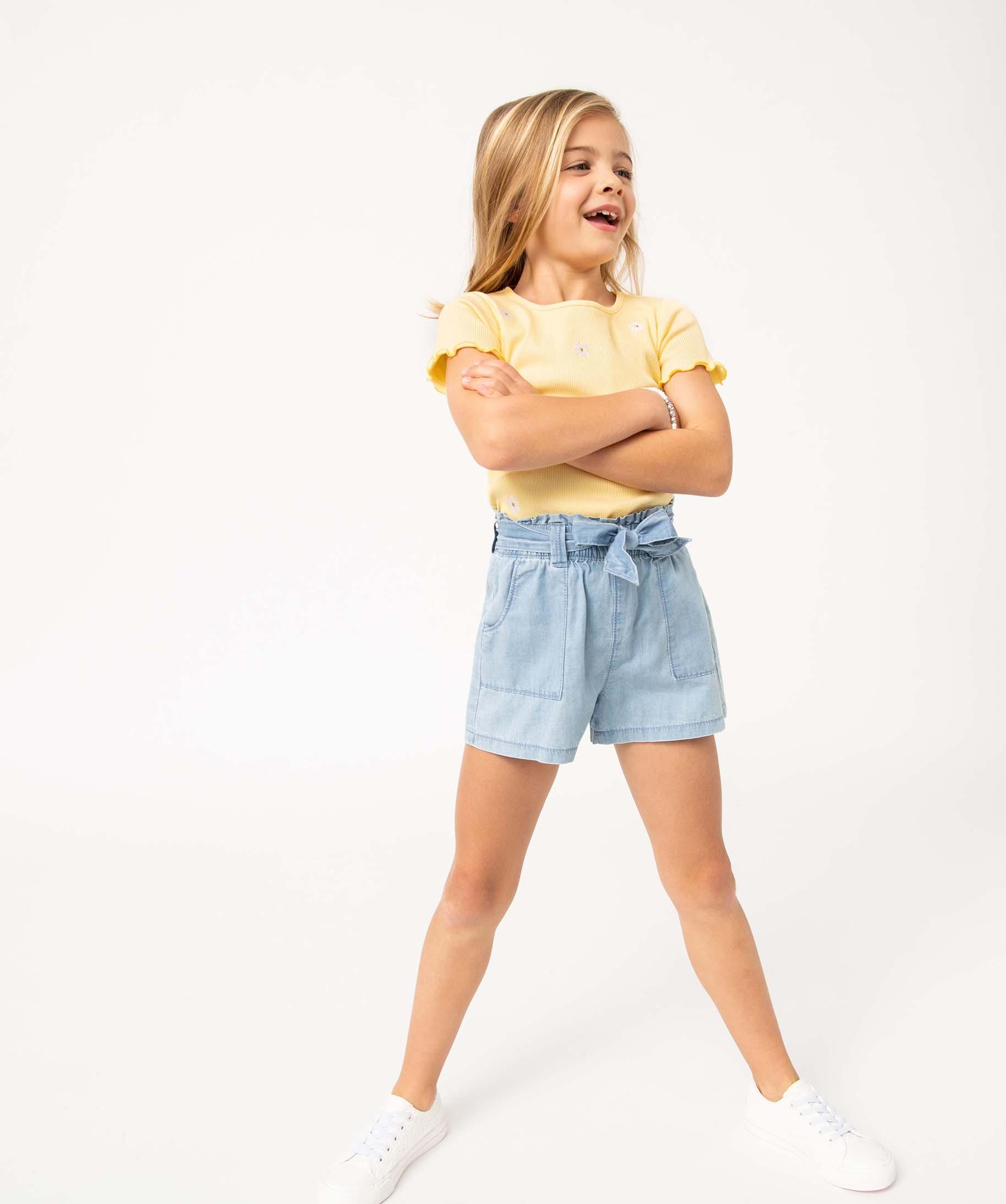 Short fille ample avec ceinture froncée et ceinture à nouer bleach | GEMO