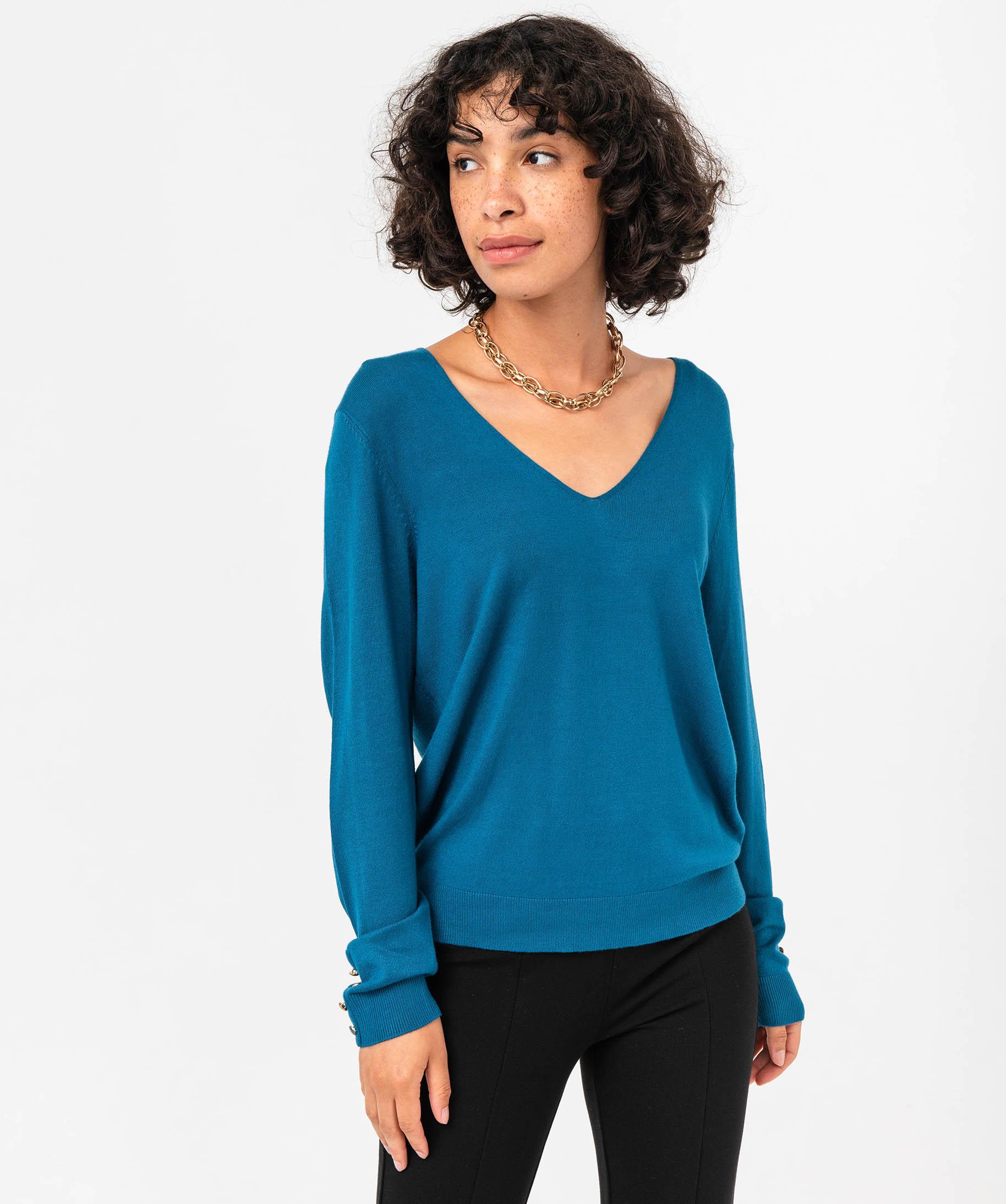 Pull en maille fine à col V et boutons fantaisie femme bleu | GEMO