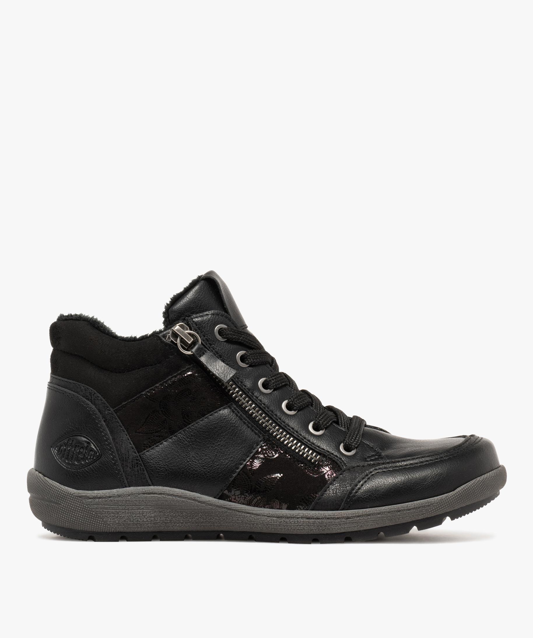Boots femme confort fourrées à zip et à lacets noir | GEMO