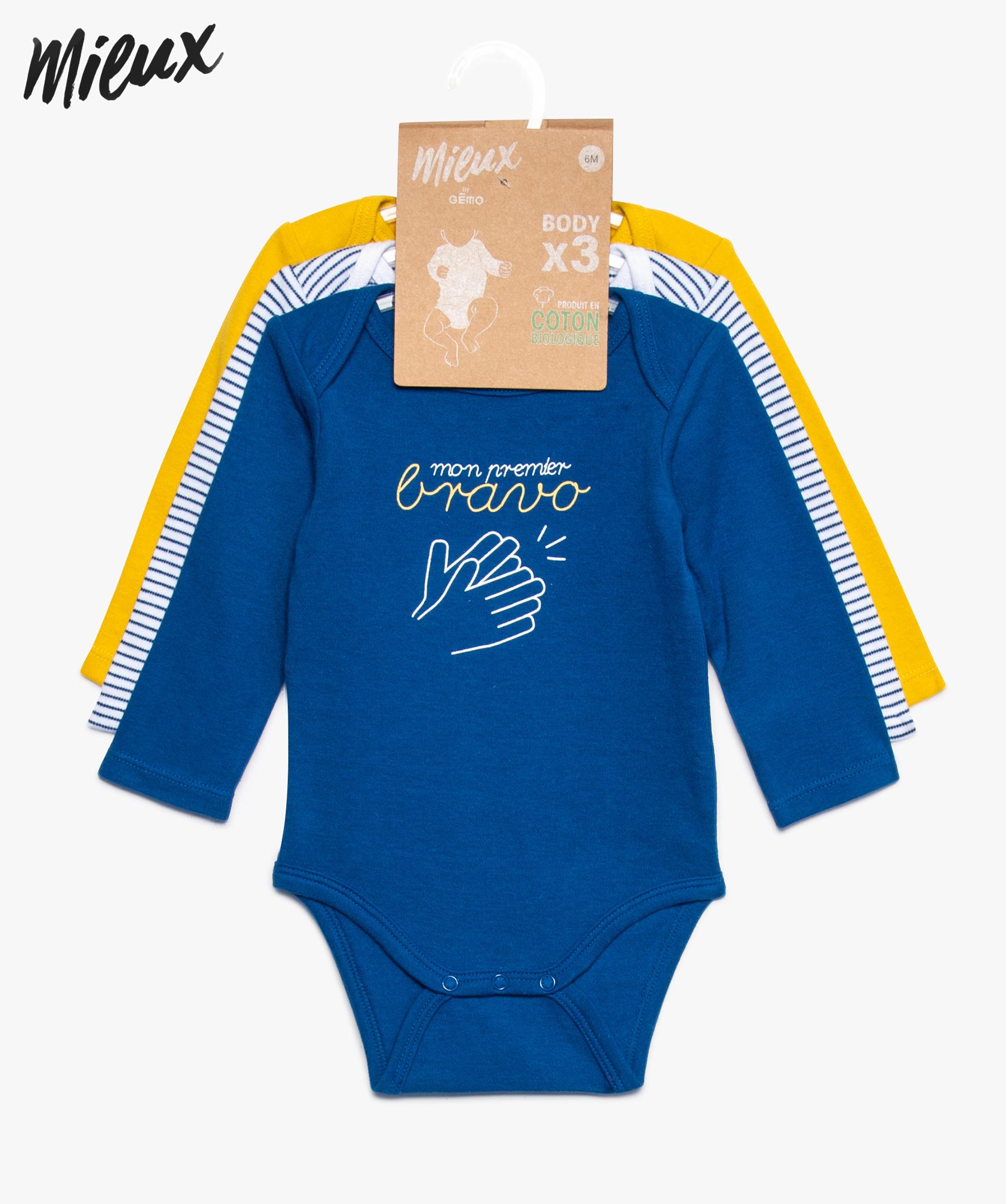 Body bébé garçon manches longues col US en coton bio (lot ...