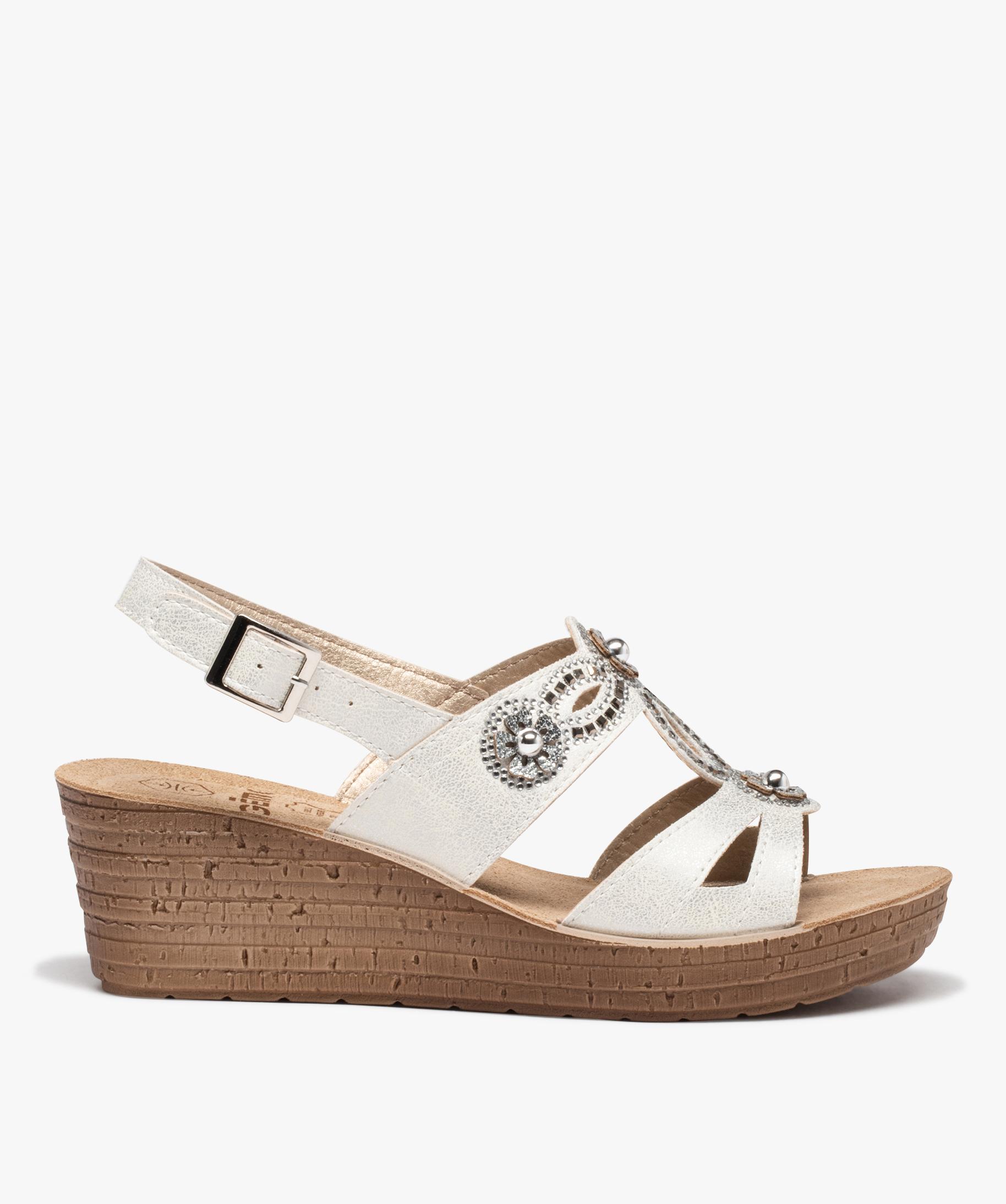 Sandales femme confort à talon compensé et brides strass blanc | GEMO