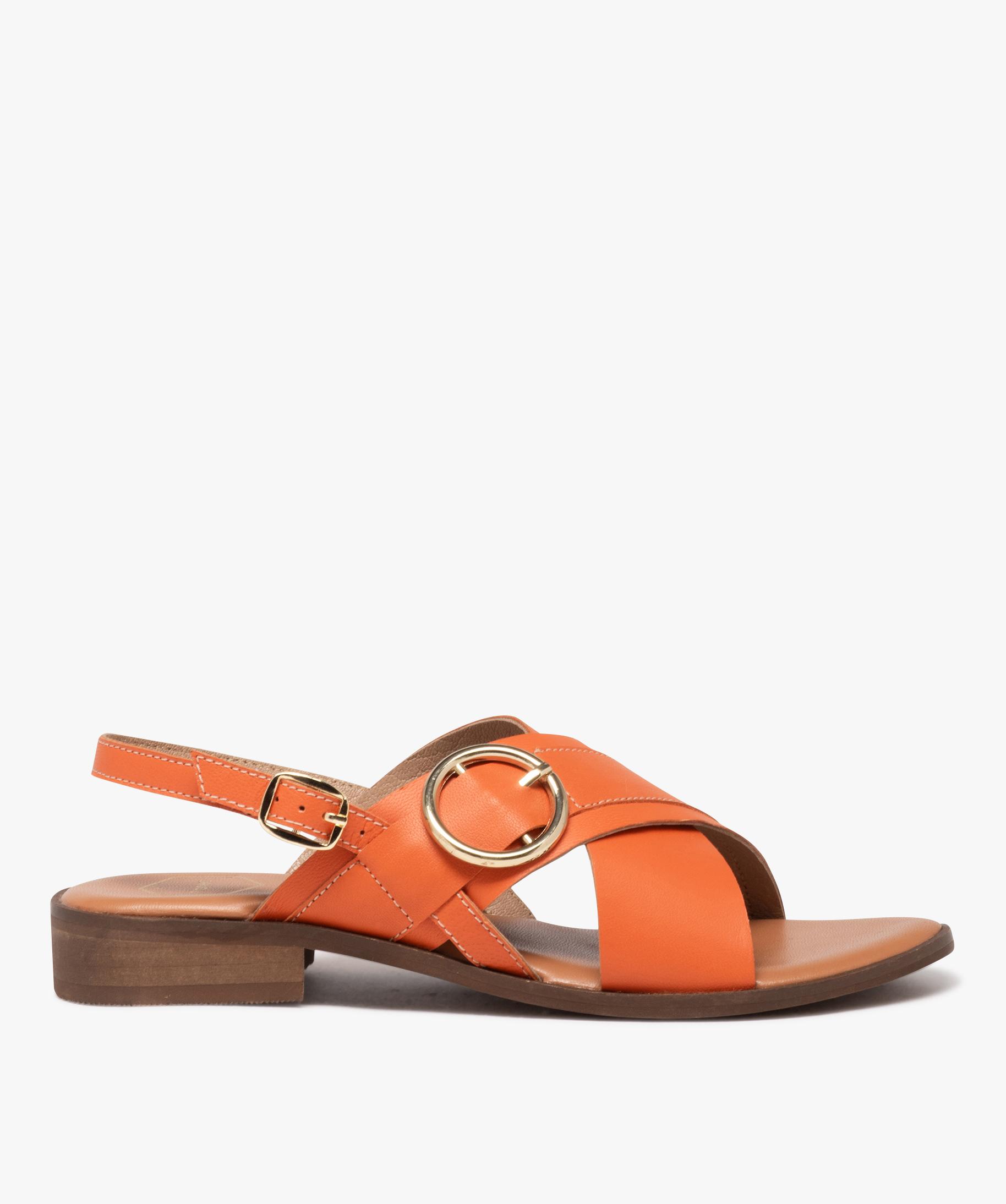 Sandales femme casual en cuir unie avec brides à boucle fan... orange ...