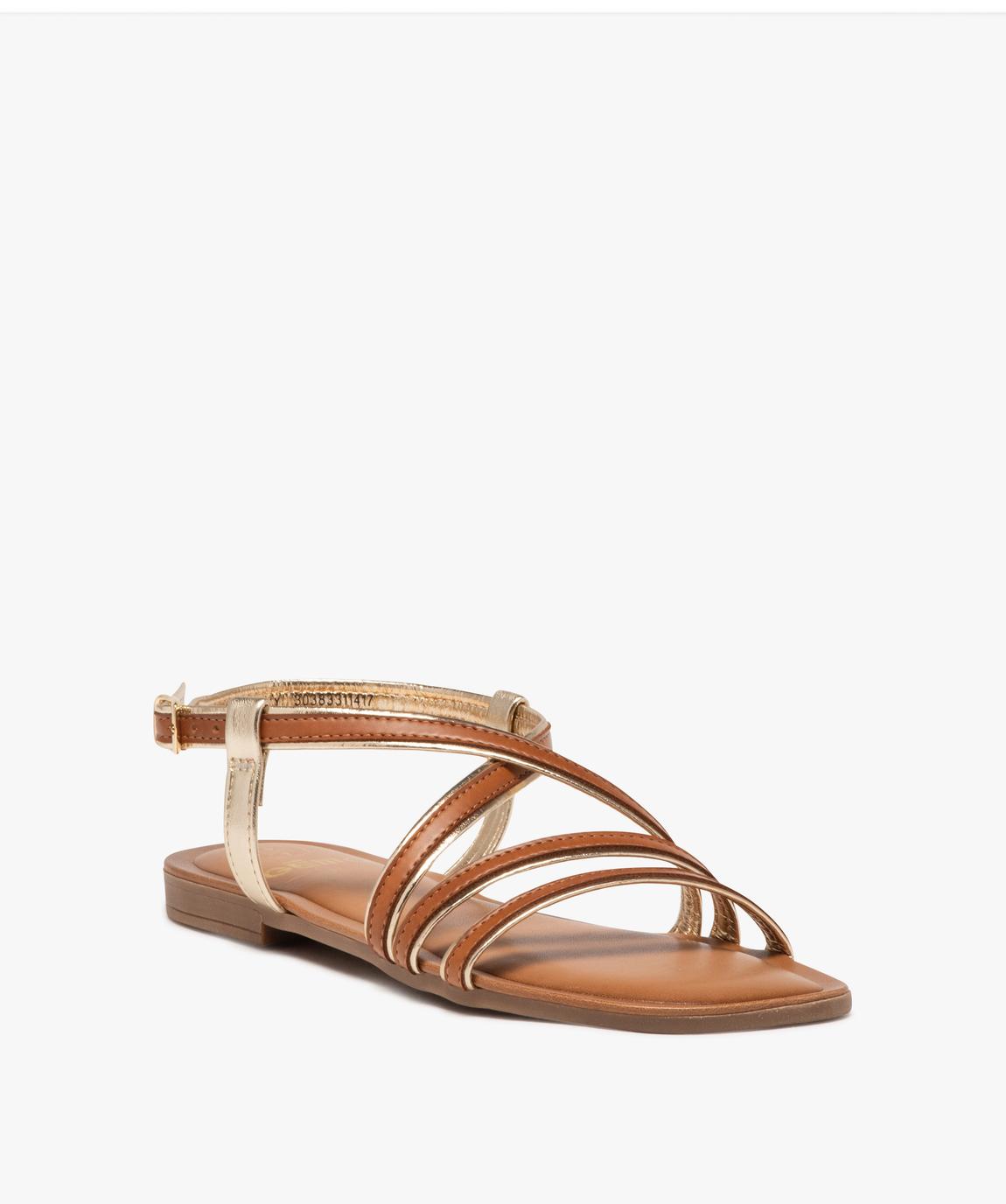 Sandales femme à talon plat et brides à liseré doré marron | GEMO