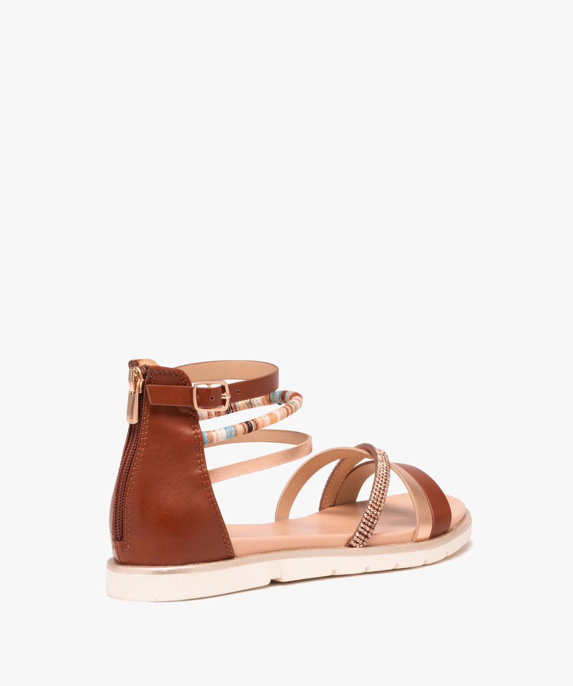 Sandales fille à brides fantaisie avec talon zippé marron clair | GEMO