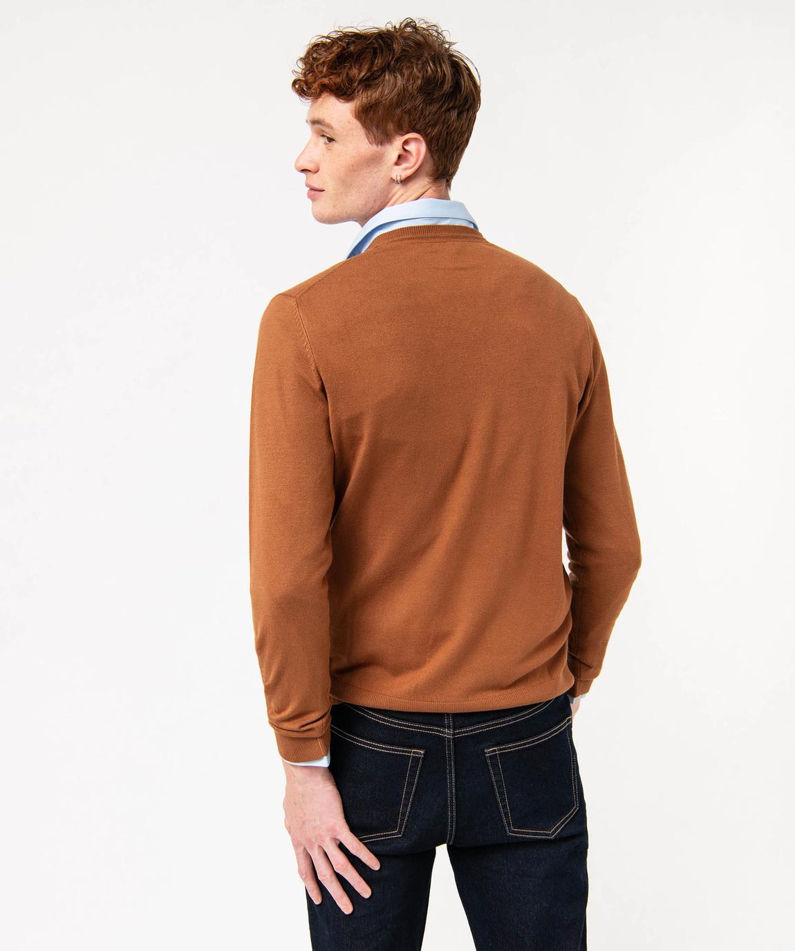 Pull fin avec col V et maille fantaisie homme marron | GEMO