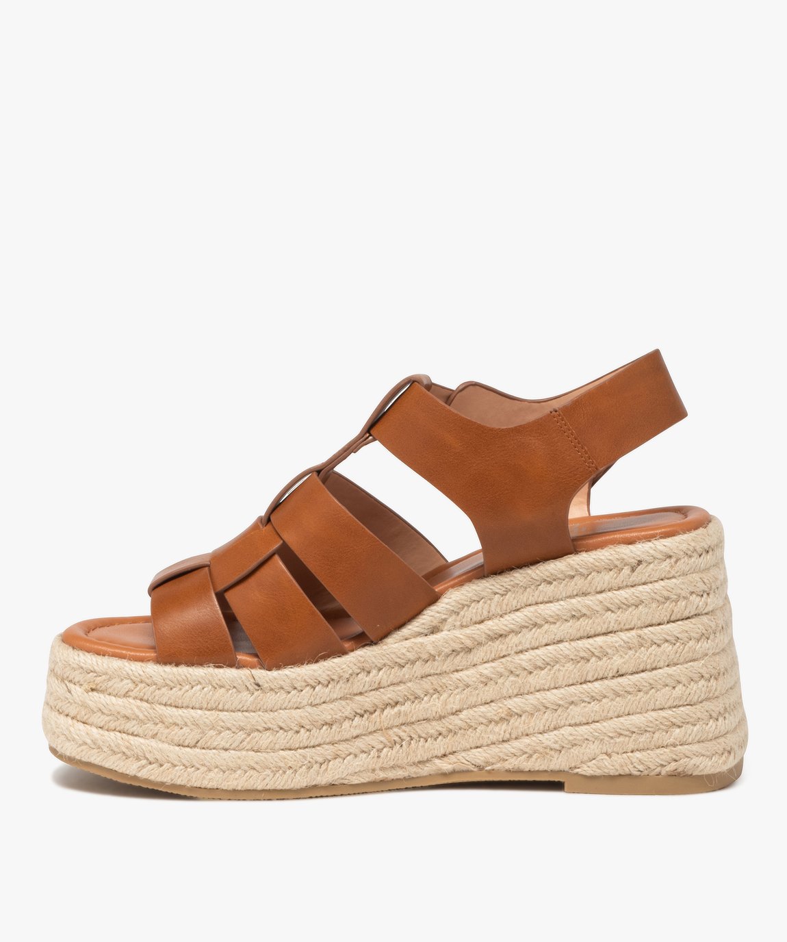 Sandales femme à talon compensé en corde avec brides larges marron | GEMO