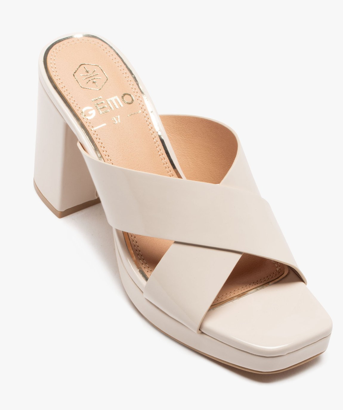 Mules à talon haut vernies avec brides croisées beige | GEMO