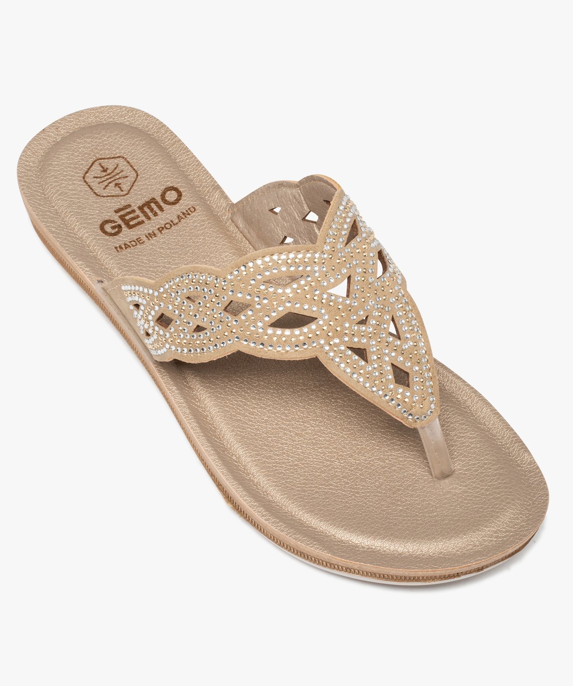 Sandales femme à entre-doigts ajouré couvert de strass dore | GEMO