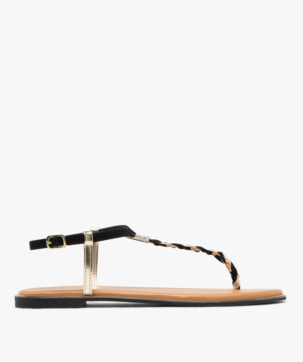 Sandales femme plates avec bride tressée à entre-doigt dé... noir | GEMO