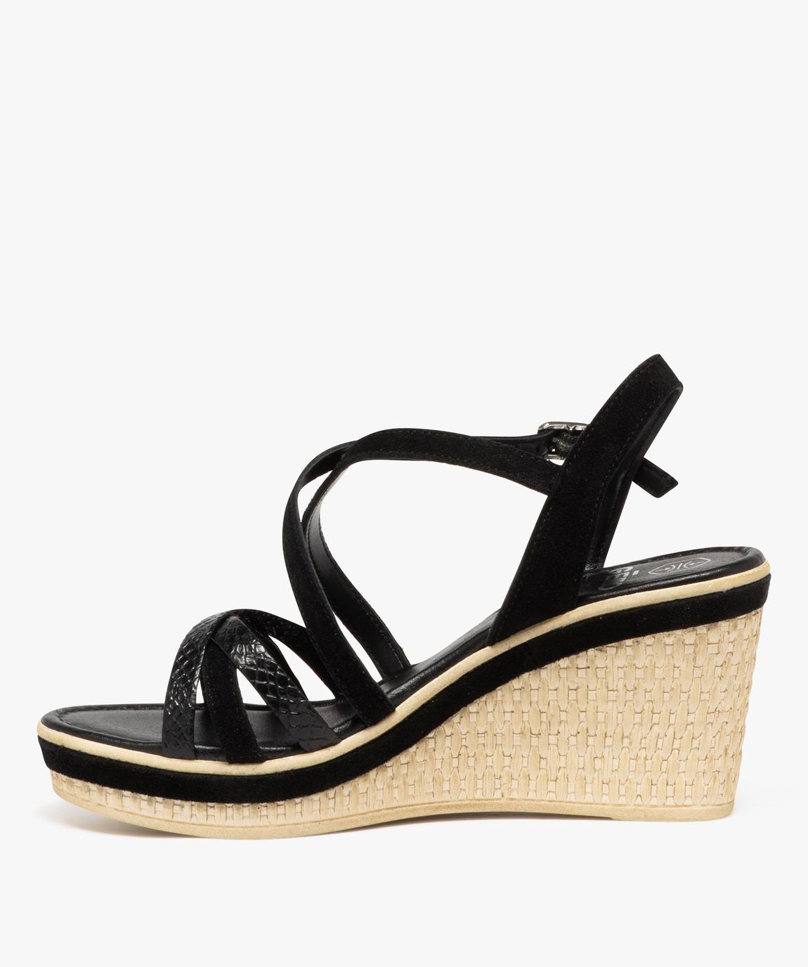 Sandales femme à talon compensé corde imitation avec bride... noir | GEMO