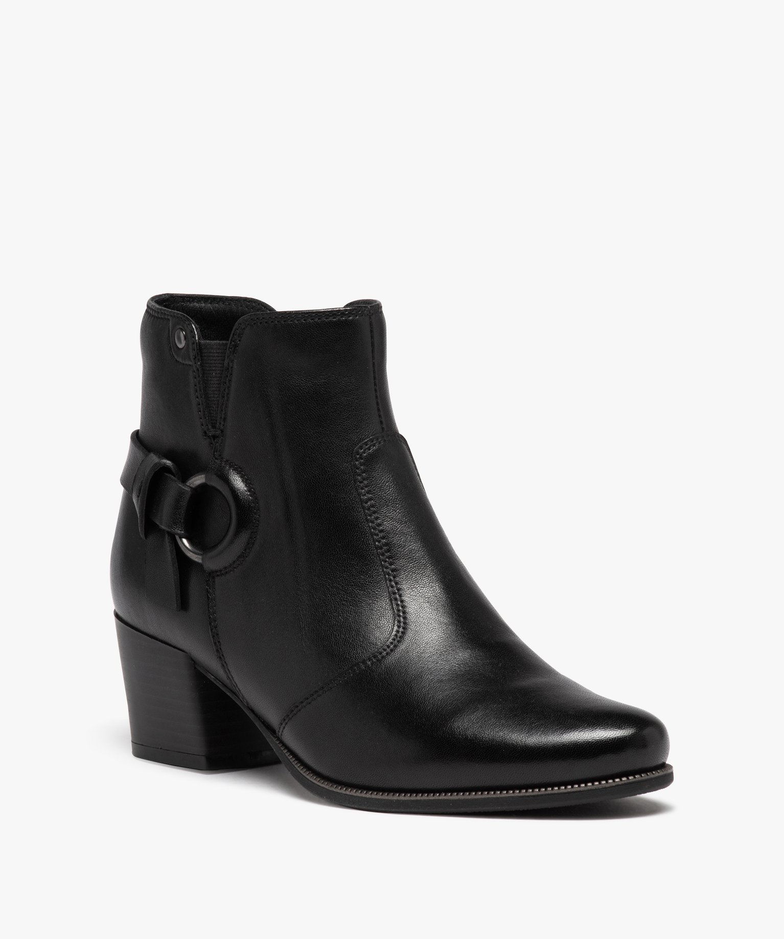 Boots femme dessus en cuir uni à talon carré avec zip noir | GEMO