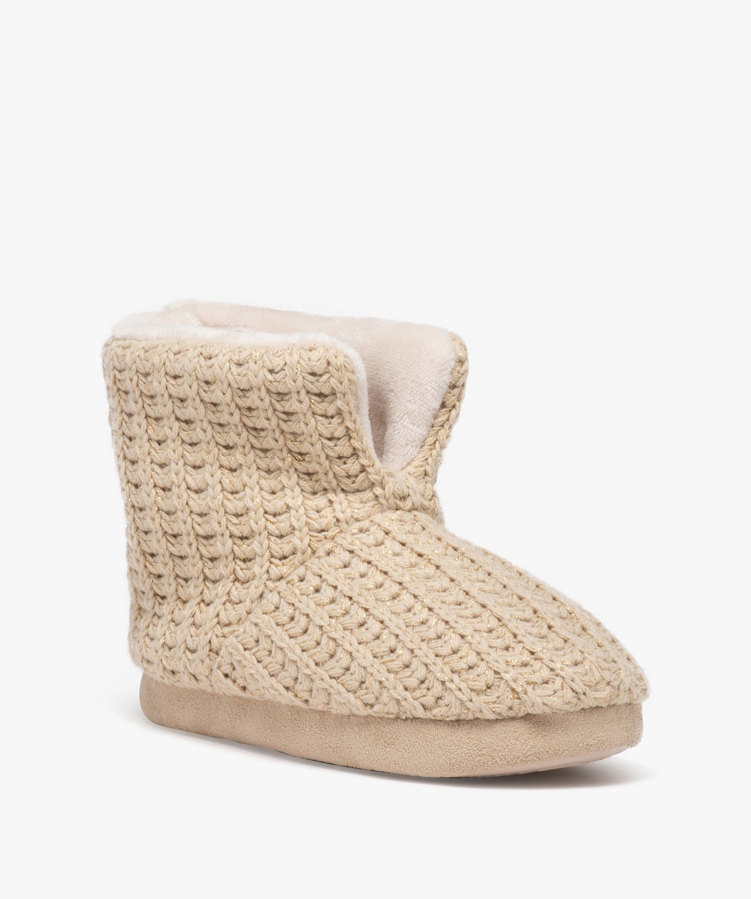 Chaussons femme boots en maille avec intérieur fourré beige | GEMO