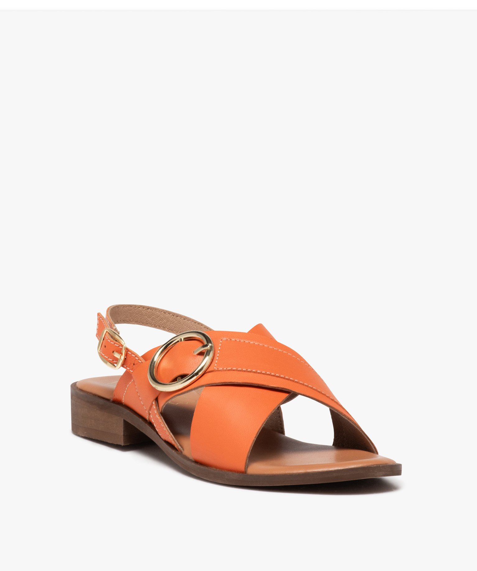 Sandales femme casual en cuir unie avec brides à boucle fan... orange ...