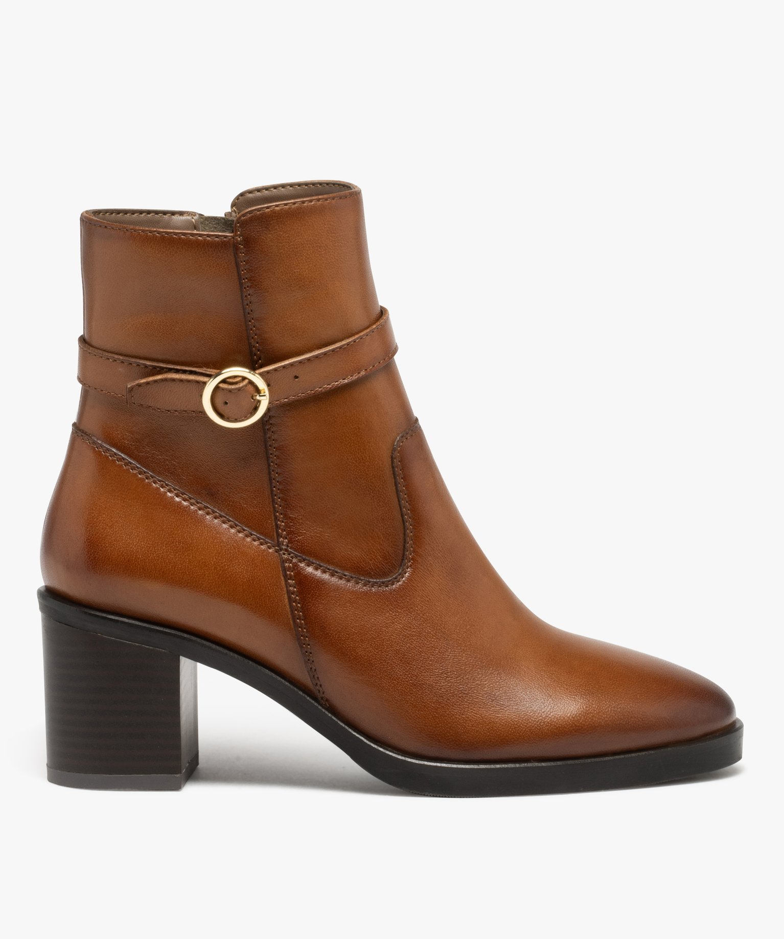 Boots femme en cuir uni à talon carré et bride à boucle -... camel | GEMO