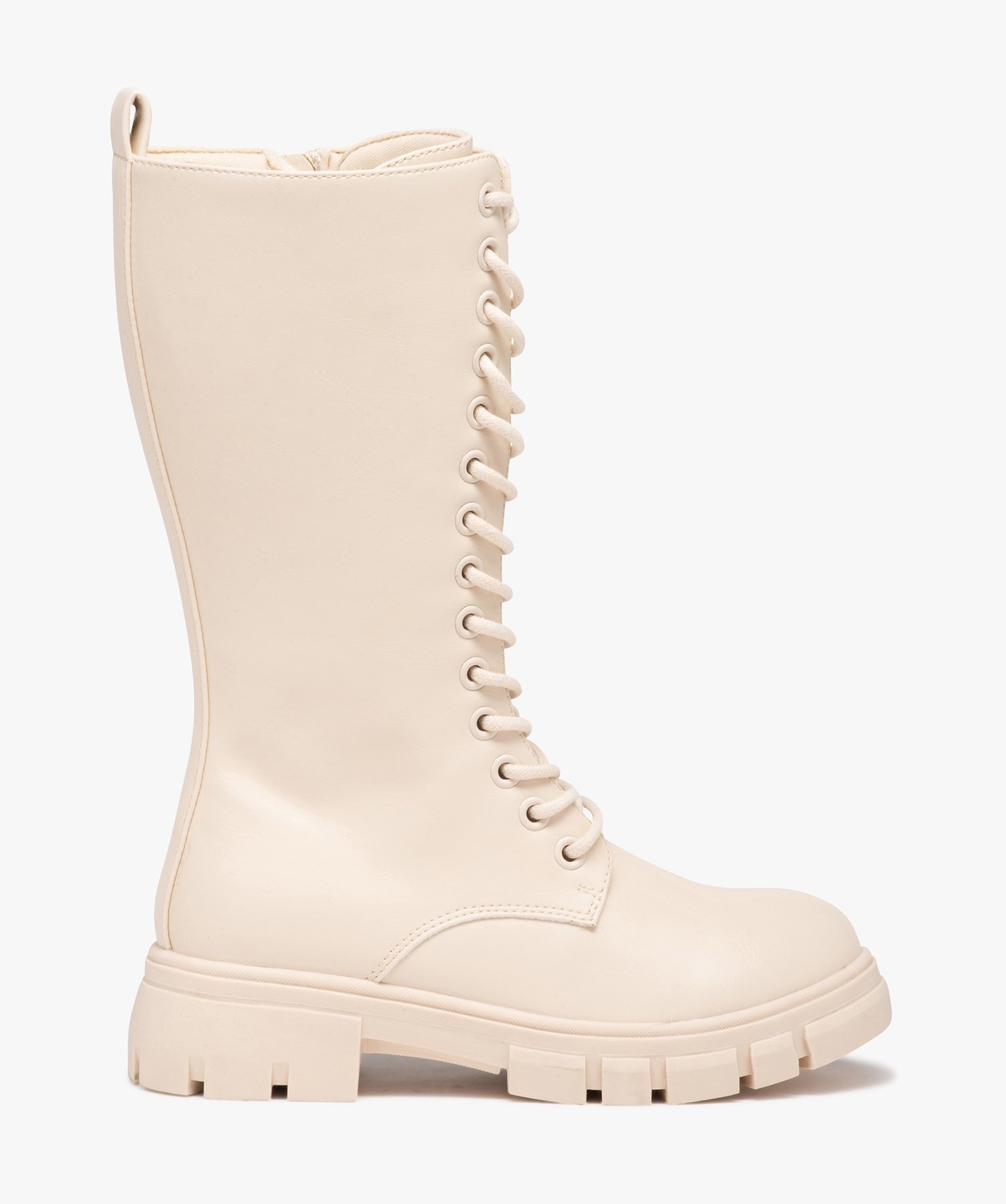 Bottes fille unies à semelle crantée fermeture lacets et zip beige | GEMO