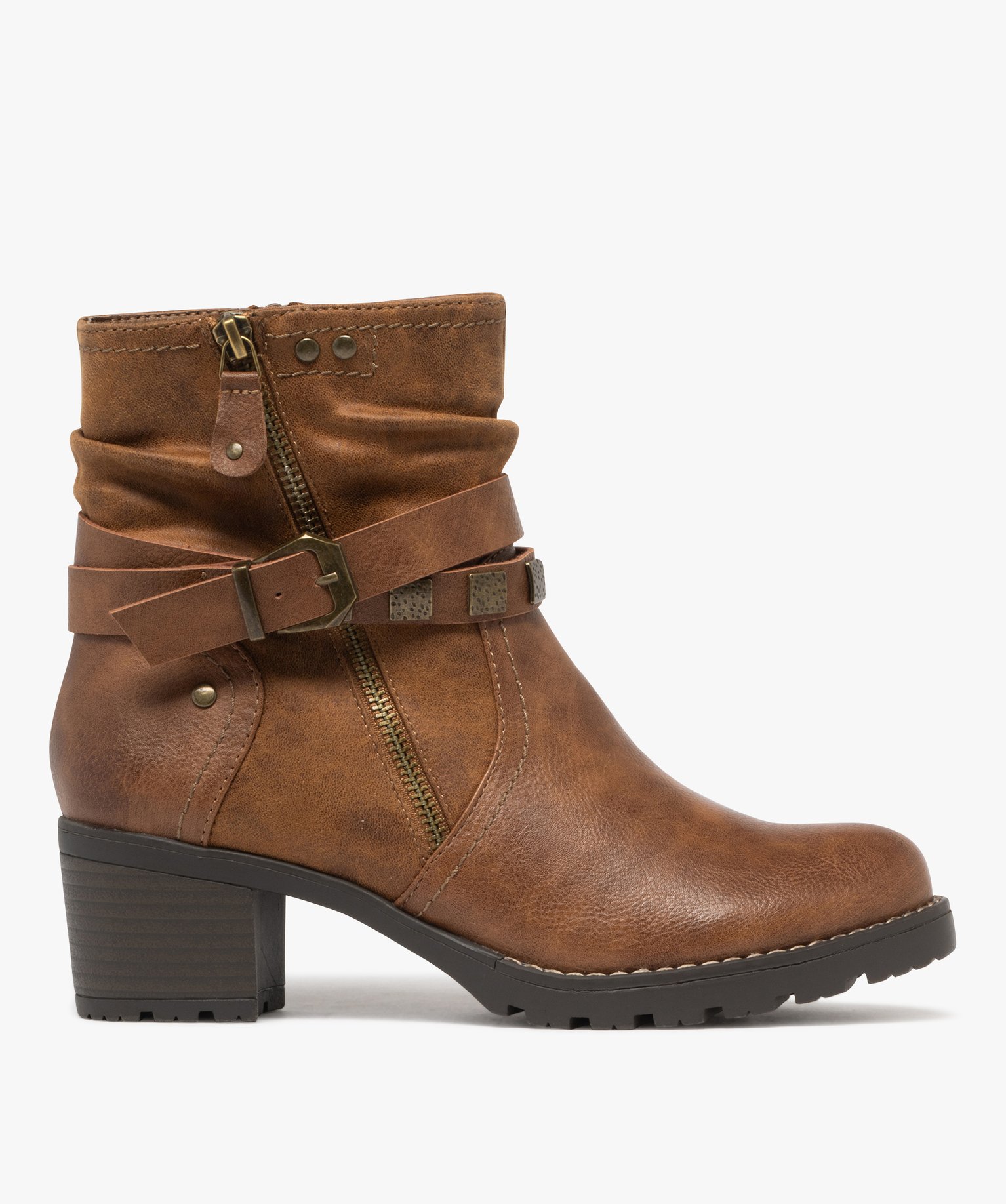 Boots femme zippées à talon carré et semelle crantée col... camel | GEMO