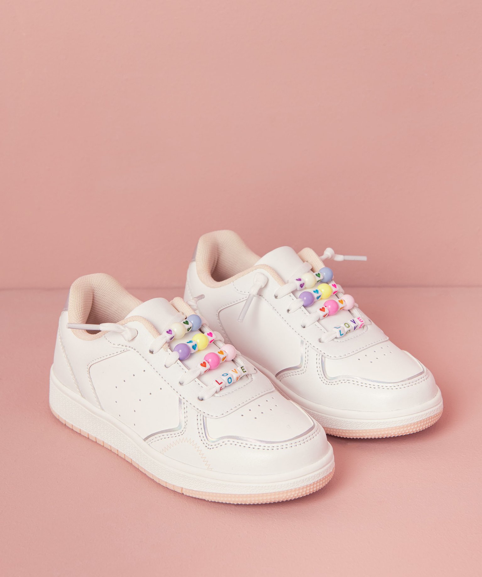 Baskets fille unis à lacets élastiques fantaisie avec perles blanc | GEMO