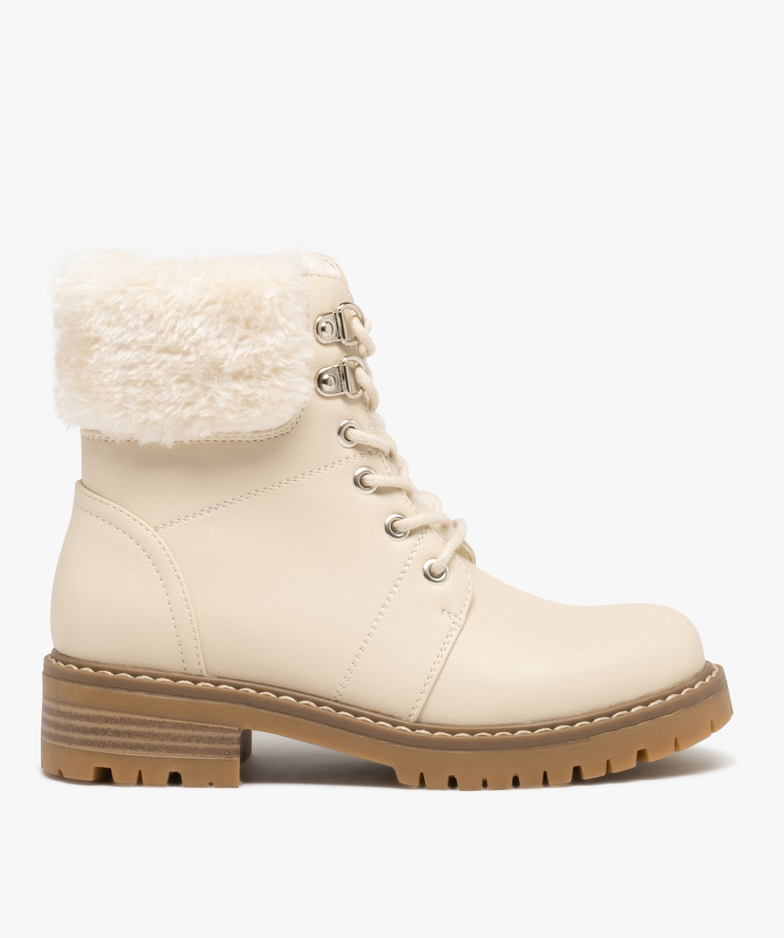 Boots fille unies à col fourrée et à lacets ronds beige | GEMO