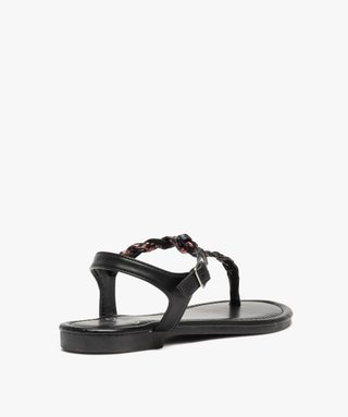 Sandales femme à talon plat et entre-doigts tressé noir | GEMO
