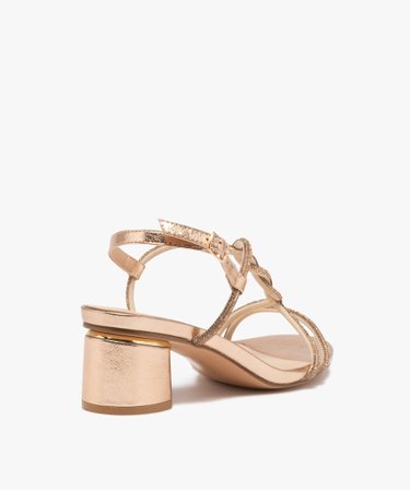 Sandales femme à talon carré avec brides strass tubulaires or | GEMO