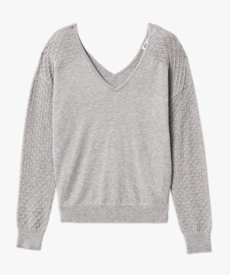 Pull avec double col V et manches fantaisie femme gris | GEMO