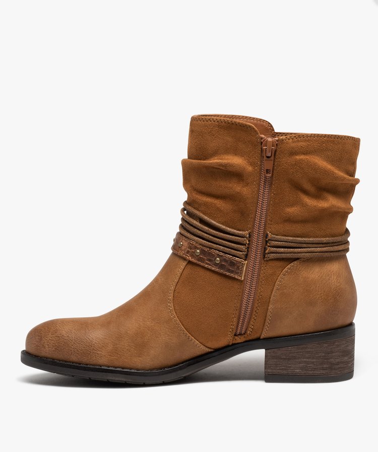 Boots femme dessus uni en suédine avec brides fantaisie marron clair | GEMO