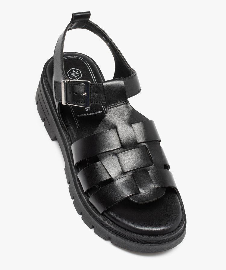 Sandales femme à semelle crantée et brides en cuir noir | GEMO