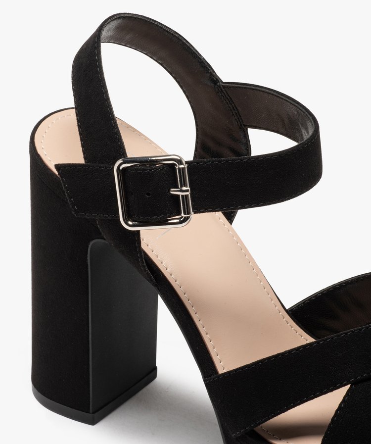 Sandales femme à talon unies en suédine à brides croisées noir | GEMO