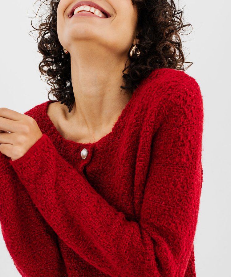 Gilet en maille fantaisie à col rond et boutons fantaisie f... rouge | GEMO