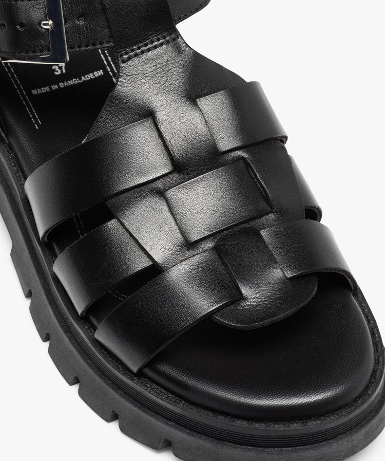 Sandales femme à semelle crantée et brides en cuir noir | GEMO