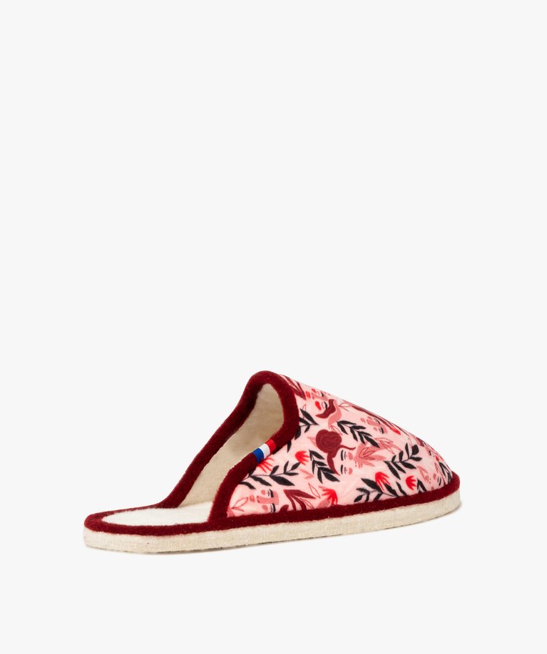 Chaussons femme mules plates en velours ras à motifs rose | GEMO