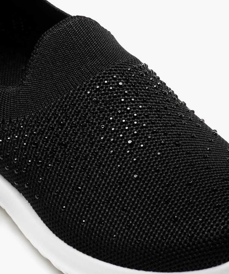 Baskets fille running unies à strass et sans lacets noir | GEMO