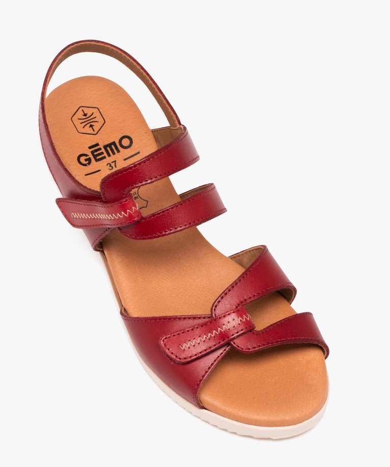 Sandales femme compensées à brides scratch en cuir rouge | GEMO