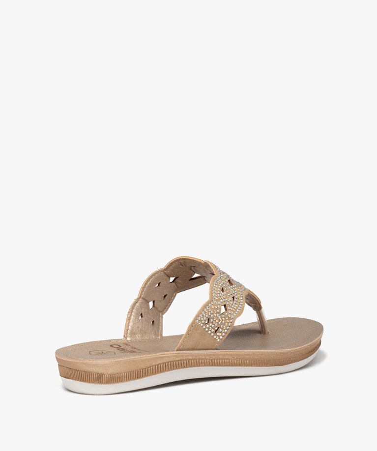 Sandales femme à entre-doigts ajouré couvert de strass dore | GEMO